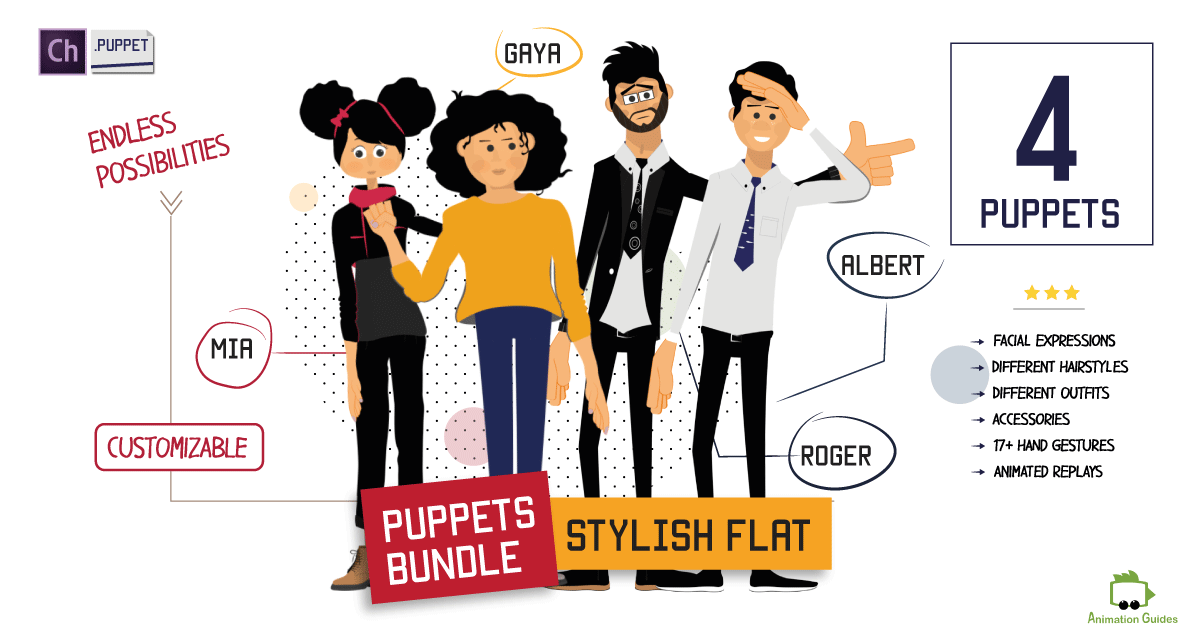 Stylish Flat Puppets Bundle - Gaya, Albert, Roger, and Mia